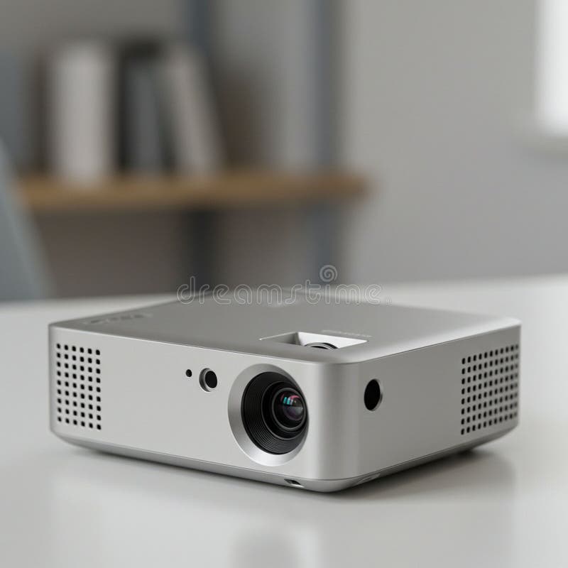 Silver Rectangular Projector with a Minimalist Design on a White ...