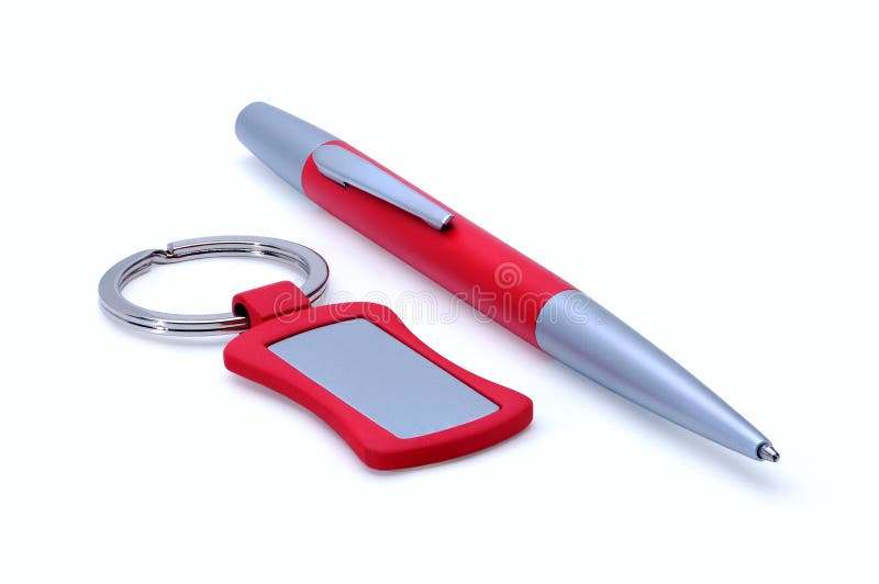 Silver-red Metal Pen and Keychain Isolated on White Stock Photo - Image ...