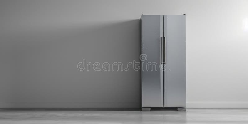 A Silver Refrigerator Against a White Wall in a Modern Kitchen or ...