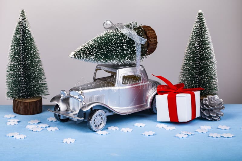 Silver Retro Car with a Tree on the Roof. Stock Photo - Image of small ...