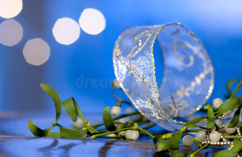 Silver Ribbon and Mistletoe Stock Image - Image of decoration, golden ...