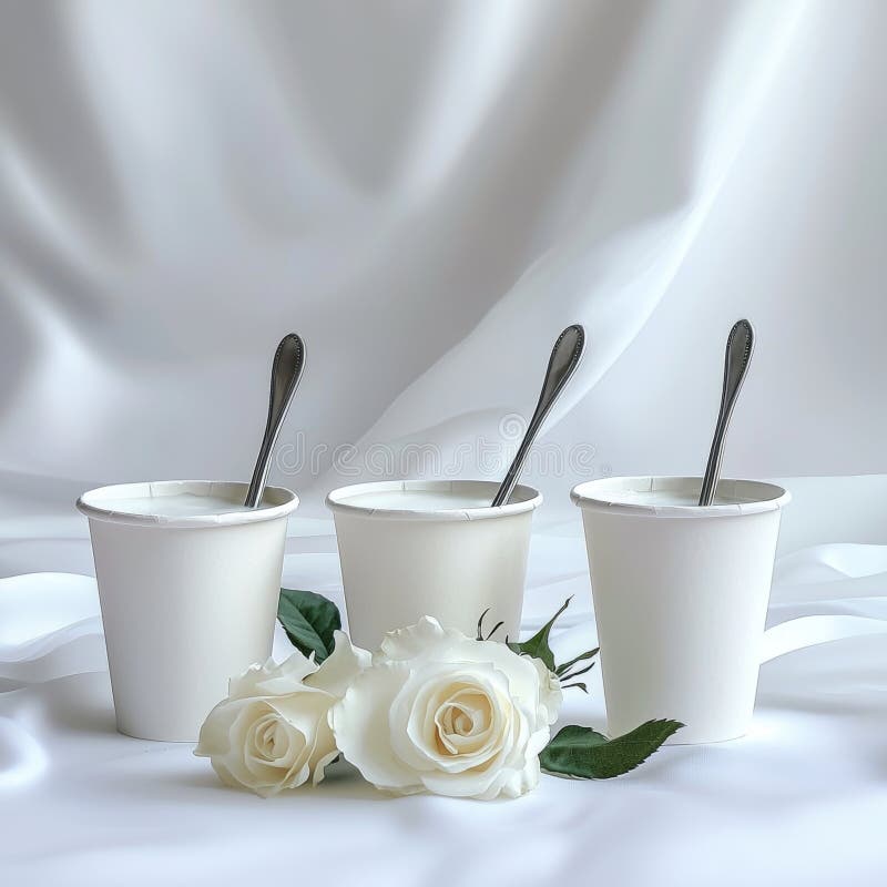 Silver Rims and Spoons Stand on a White Surface with Four White Cups ...