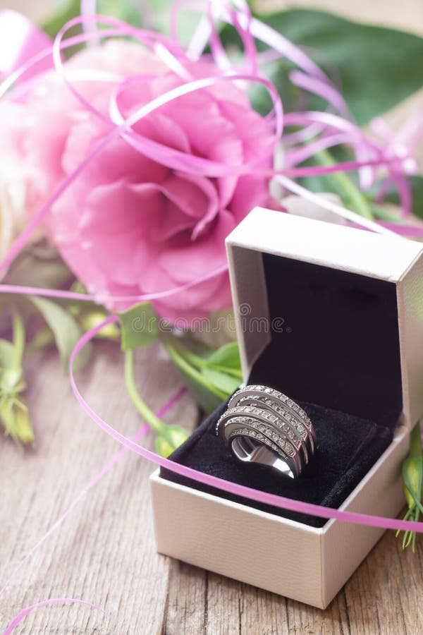 Silver Ring with Gems in White Gift Box Stock Image - Image of ring ...
