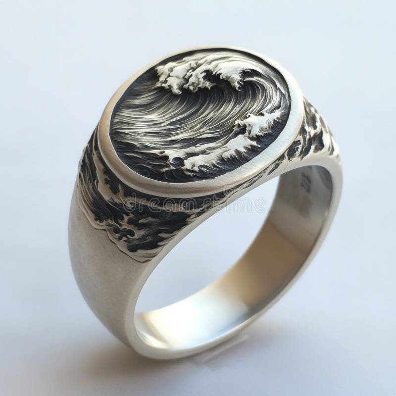 Silver Ring with Intricate Ocean Wave Design in Relief Engraving Stock ...