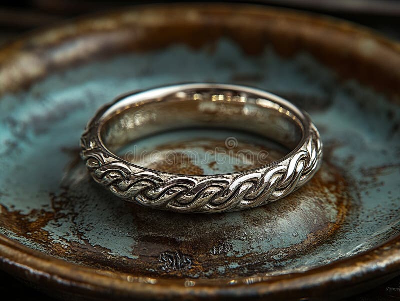 A Silver Ring Sitting on Top of a Plate Stock Photo - Image of surface ...