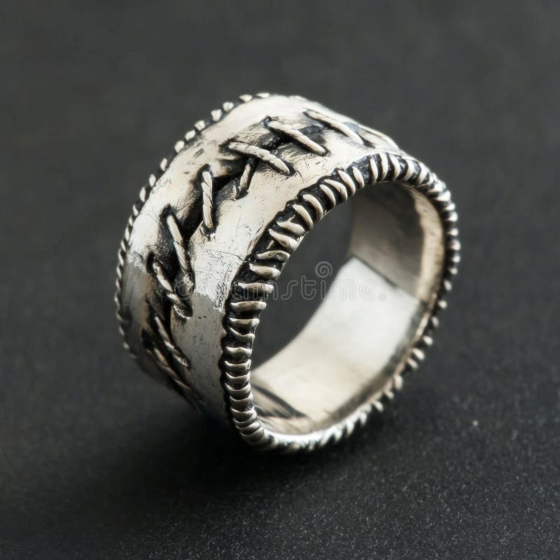 Silver Ring with Stitching Design on Dark Surface Stock Photo - Image ...