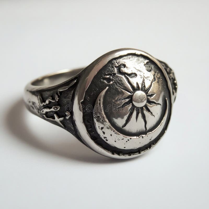 Silver Ring with Sun and Moon Design on White Background Stock Image ...