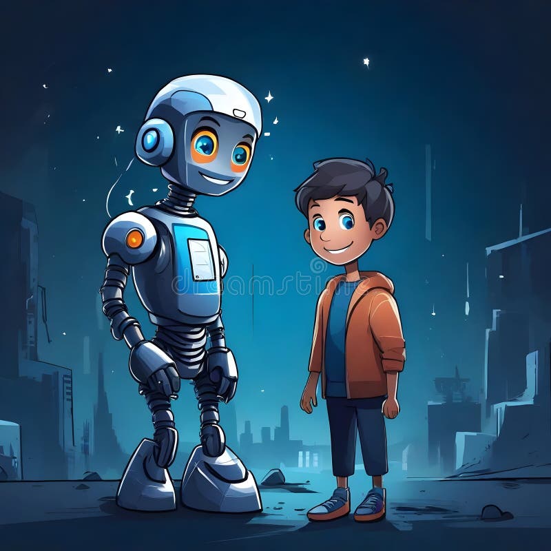 Silver Robot and Happy Boy Playing at Dusk. Stock Photo - Image of life ...
