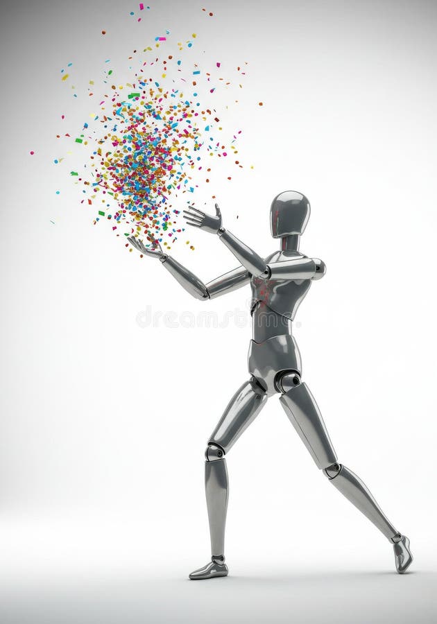 Silver Robot Manipulating Colorful Particles Against White Background ...