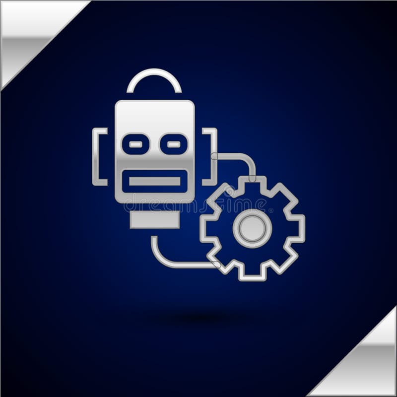 Silver Robot Setting Icon Isolated on Dark Blue Background. Artificial Intelligence, Machine ...
