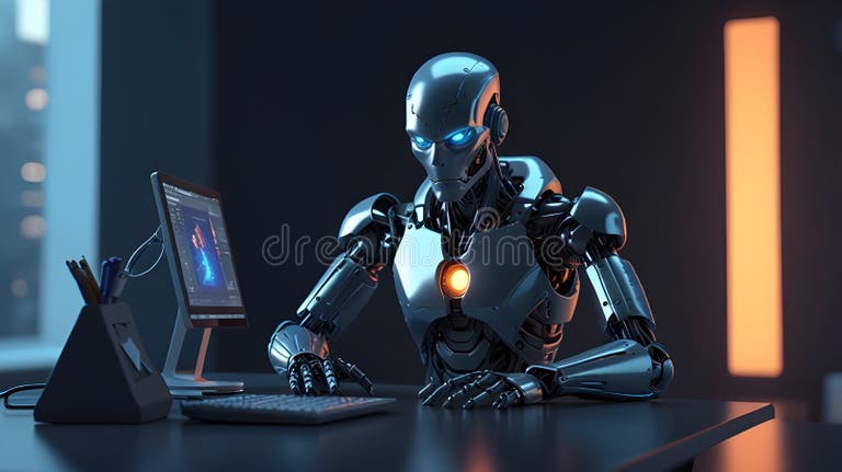 Robot Using Computer at Desk Stock Image - Image of digital, modern ...