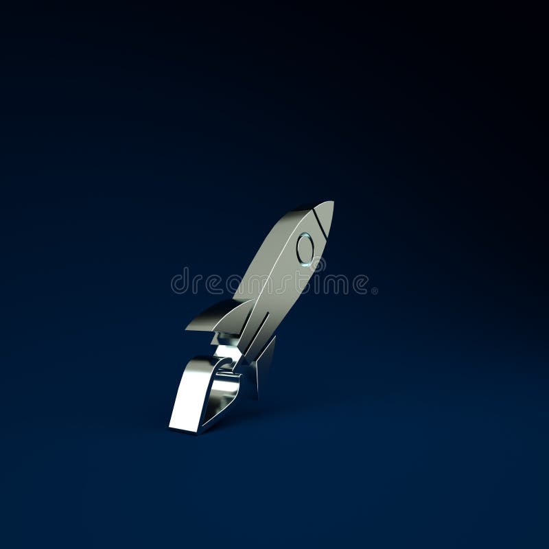 Silver Rocket Ship with Fire Icon Isolated on Blue Background. Space ...