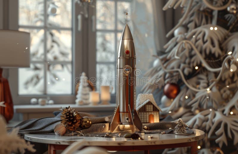 Silver Rocket Ship Ornament on Table with Christmas Tree in Background ...