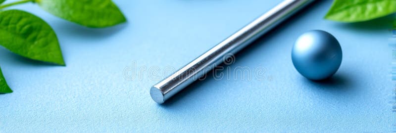 Silver Rod and Blue Sphere on Blue Background Minimalist Symbolizing ...