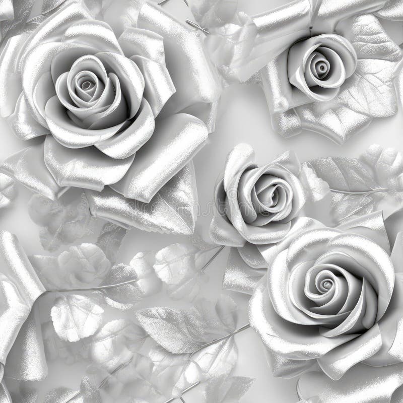 Silver Rose Flowers Glitter White Background Tile Seamless Background ...