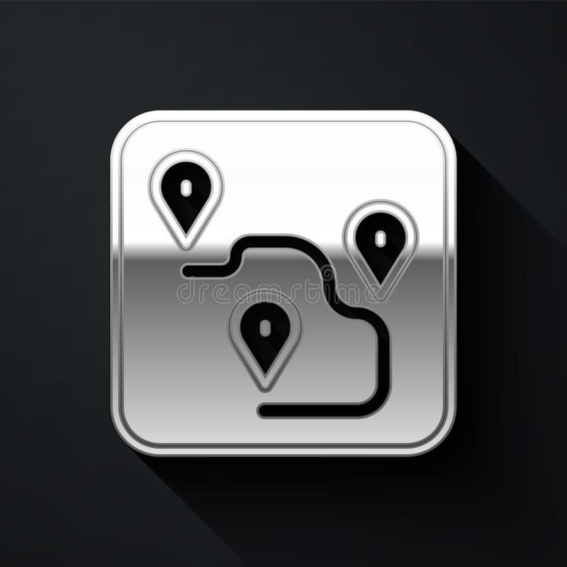 Silver Route Location Icon Isolated on Black Background. Map Pointer ...