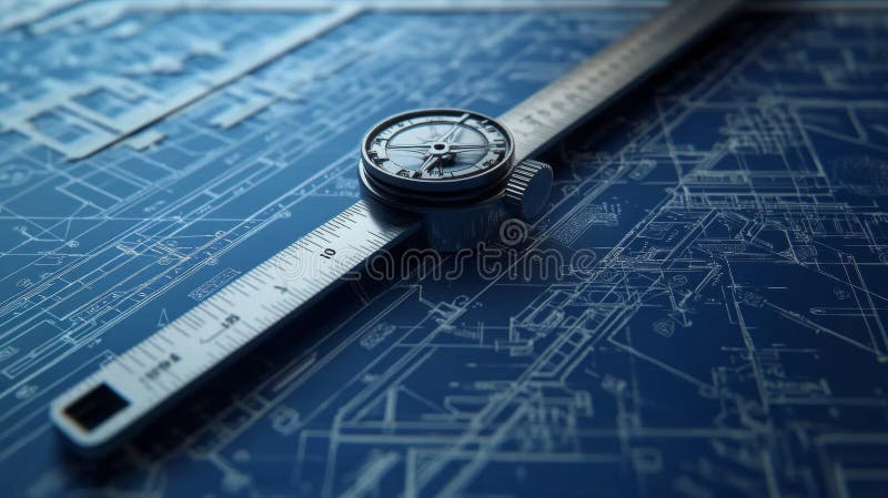 Silver Ruler and Compass on Blue Detailed Blueprint Stock Illustration ...