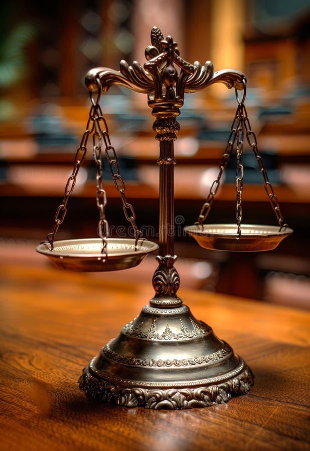 A Silver Scale with a Gold Chain Hanging from it. the Scale is on a ...