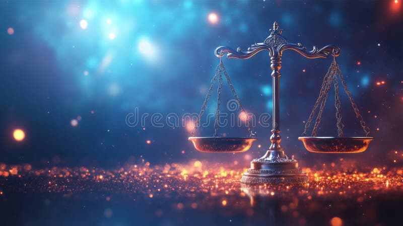 Silver Scales of Justice on Dark Blue Background with Glowing Embers ...