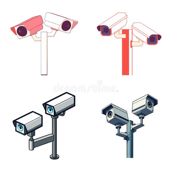 Silver Security Cameras Mounted on Post – Front Angle View. Stock ...