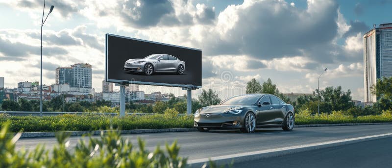 A Silver Sedan Driving Past a Billboard Advertising the Same Car Stock ...