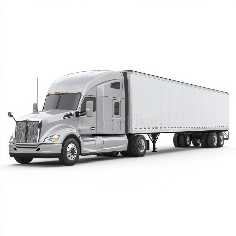 Silver Semi-truck with Trailer on White Background in a Side View Stock ...
