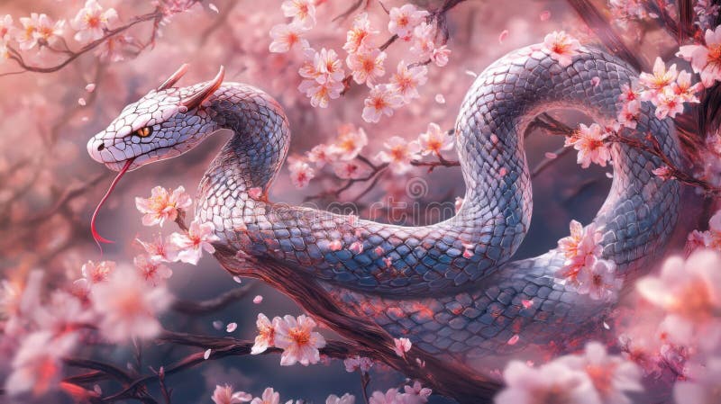Silver Serpent Coiled among Delicate Pink Blossoms Stock Illustration ...