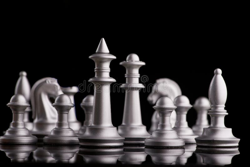 Silver Set Chess Pieces on a Black Stock Photo - Image of game, king ...