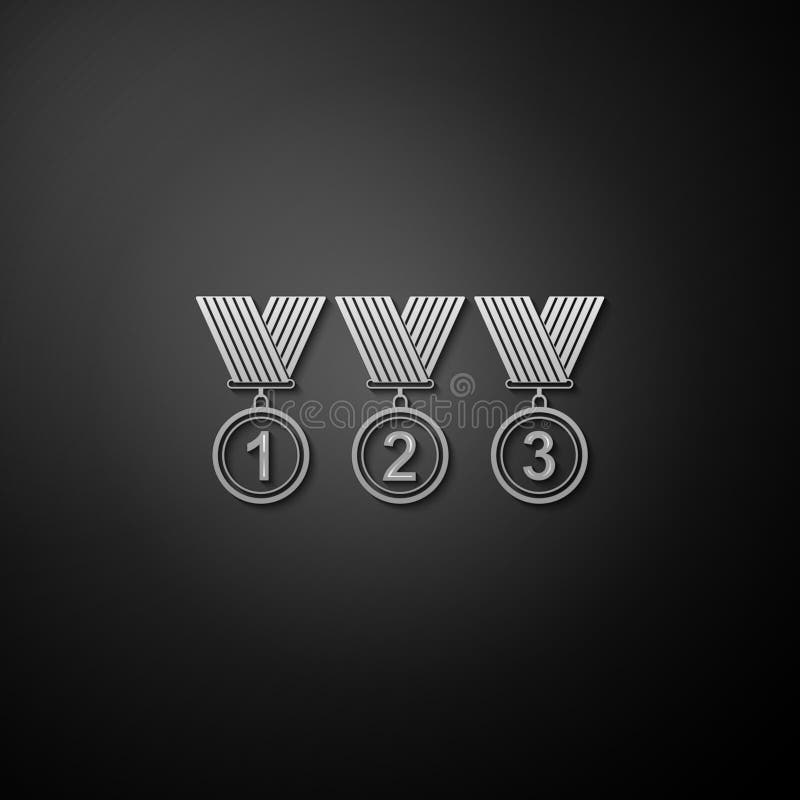 Silver Set Medal Icon Isolated on Black Background. Winner Simbol. Long ...