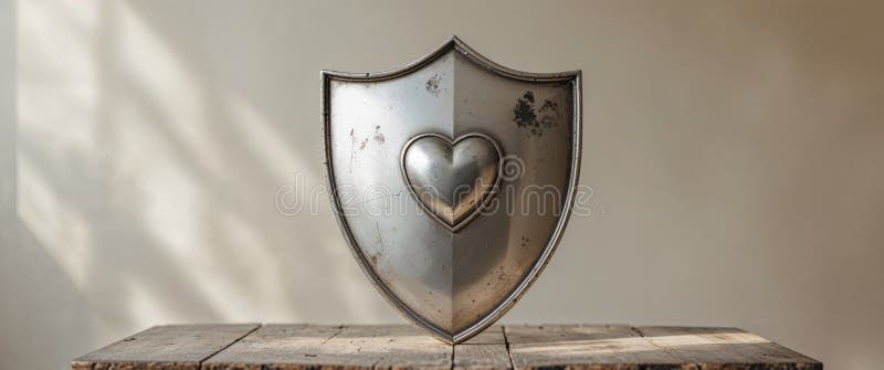 A Silver Shield with a Heart on it is on a Table Stock Image - Image of ...
