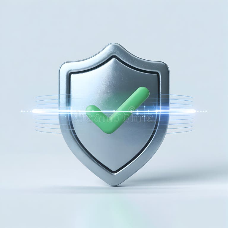 Silver Shield Icon with Green Checkmark and Blue Light Streaks Stock ...