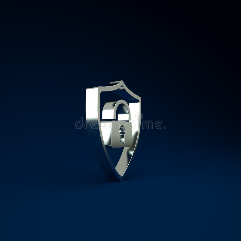 Silver Shield Security with Lock Icon Isolated on Blue Background ...