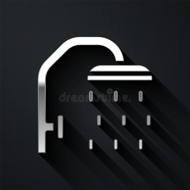 Silver Shower Head with Water Drops Flowing Icon Isolated on Black ...