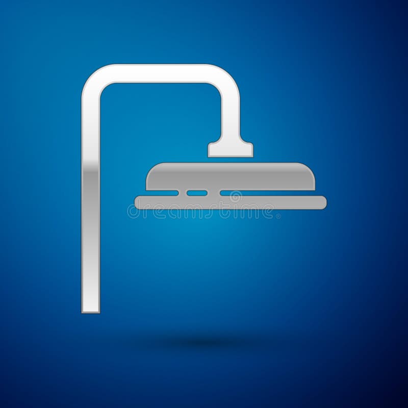 Silver Shower Head with Water Drops Flowing Icon Isolated on Blue ...