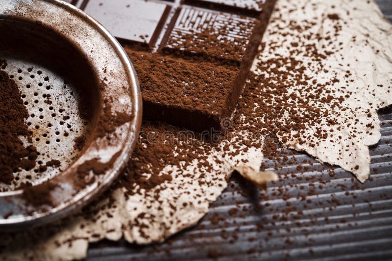 Silver Sieve with Cocoa Dust on Chocolate Stock Image - Image of ground ...