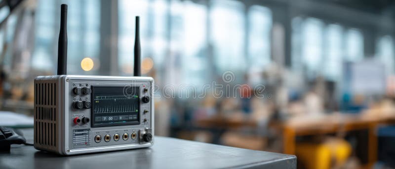 Silver Signal Analyzer with Antenna on a Desk in a Bright Industrial ...