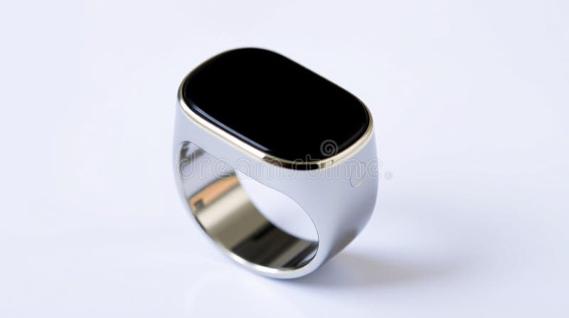Silver Smart Ring with Black Touchscreen on White Background Stock ...