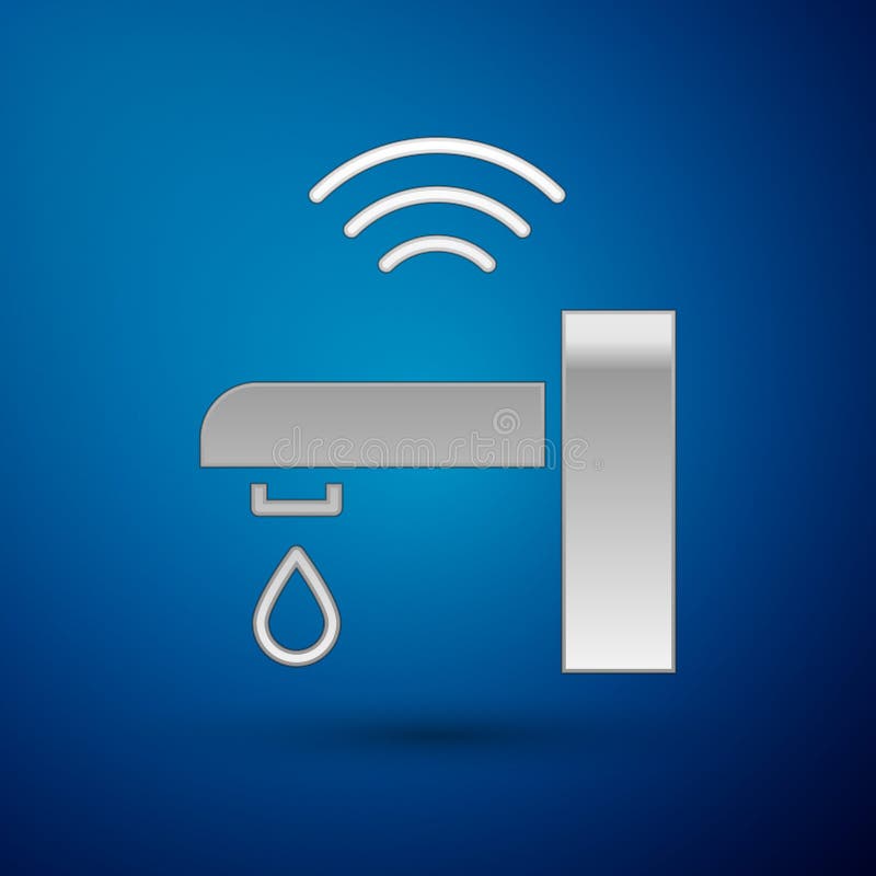 Silver Smart Water Tap System Icon on Blue Background. Internet of ...