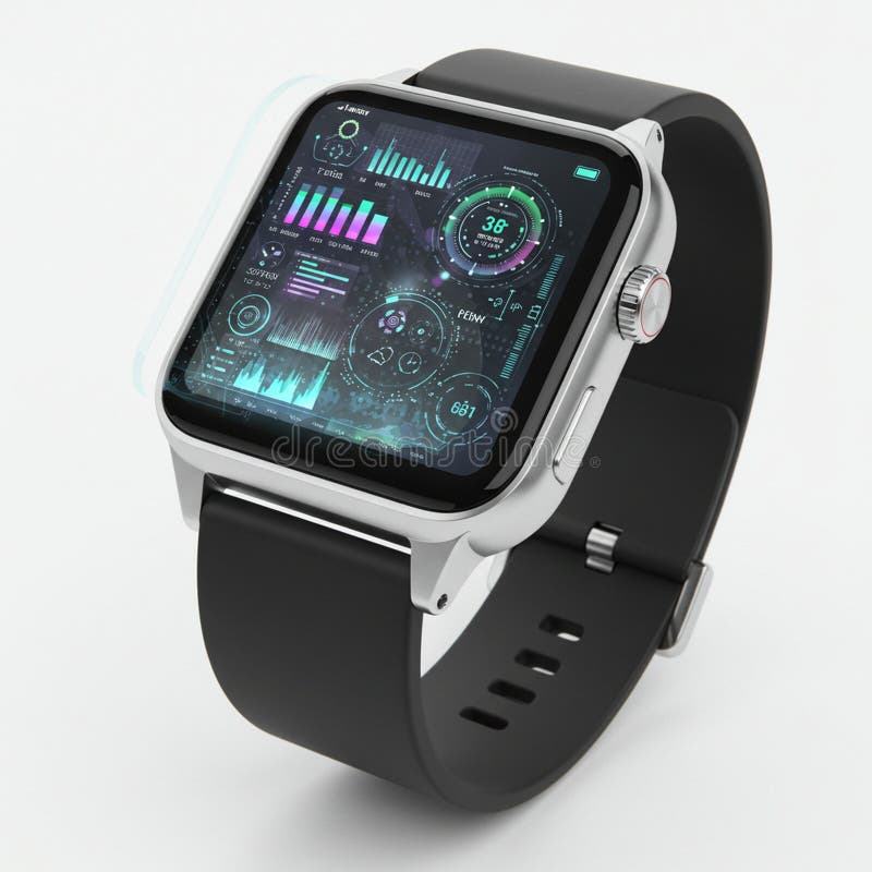 Silver Smartwatch with a Black Band Displays Futuristic Graphical User ...