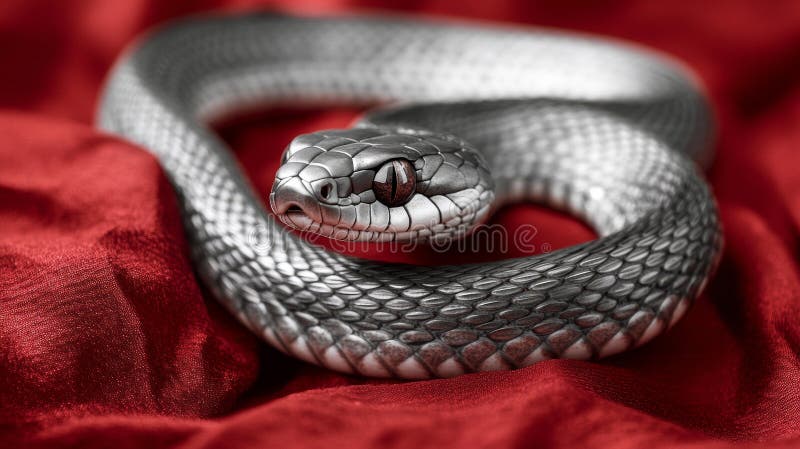Silver Snake Coiled on Red Fabric Background Stock Illustration ...