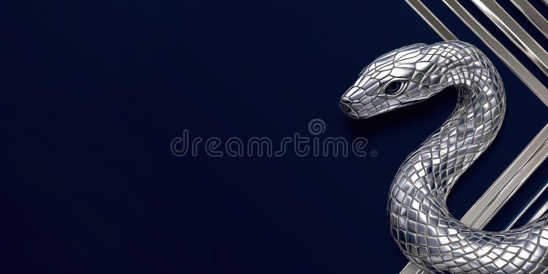 Silver Snake Emerging from Metallic Stripes on Dark Blue Background ...