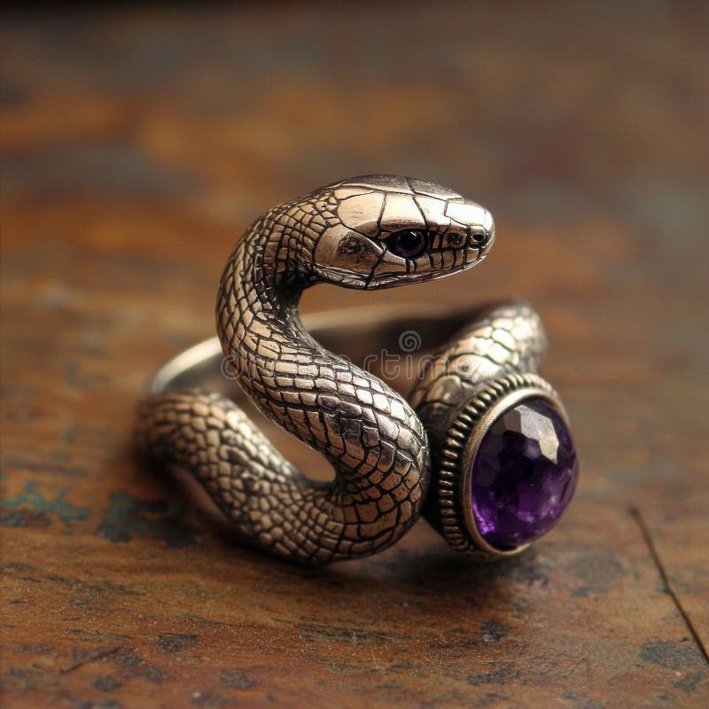 Silver Snake Ring with Amethyst Gemstone on Rustic Wooden Surface Stock ...