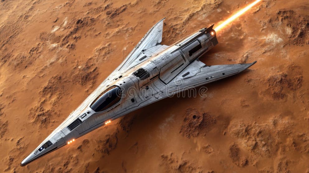 Silver Spaceship Flying Over Martian Desert Stock Illustration ...