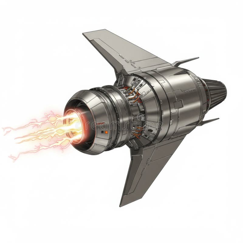 Silver Spaceship with Orange Engine Flame in Flight Stock Illustration ...