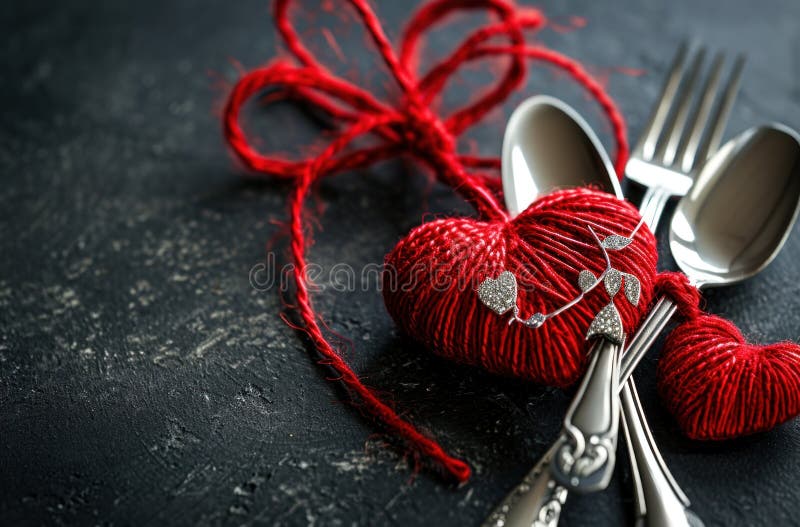 A Silver Spoon and Fork are Next To a Red Ribbon Stock Photo - Image of ...