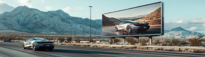 A Silver Sports Car Drives Past a Billboard Advertising Another Silver ...