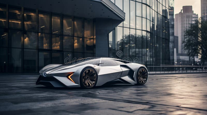 A Silver Sports Car Parked in Front of a Modern Stock Illustration ...