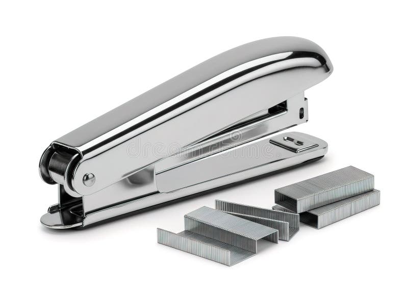 A Silver Stapler with a Silver Paper Clip and a Stack of Paper Clips Ai ...