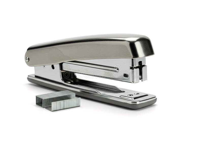 A Silver Stapler with a Silver Paper Clip and a Stack of Paper Clips Ai ...