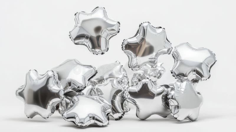 Silver Star-shaped Balloons Floating on White Background Stock ...